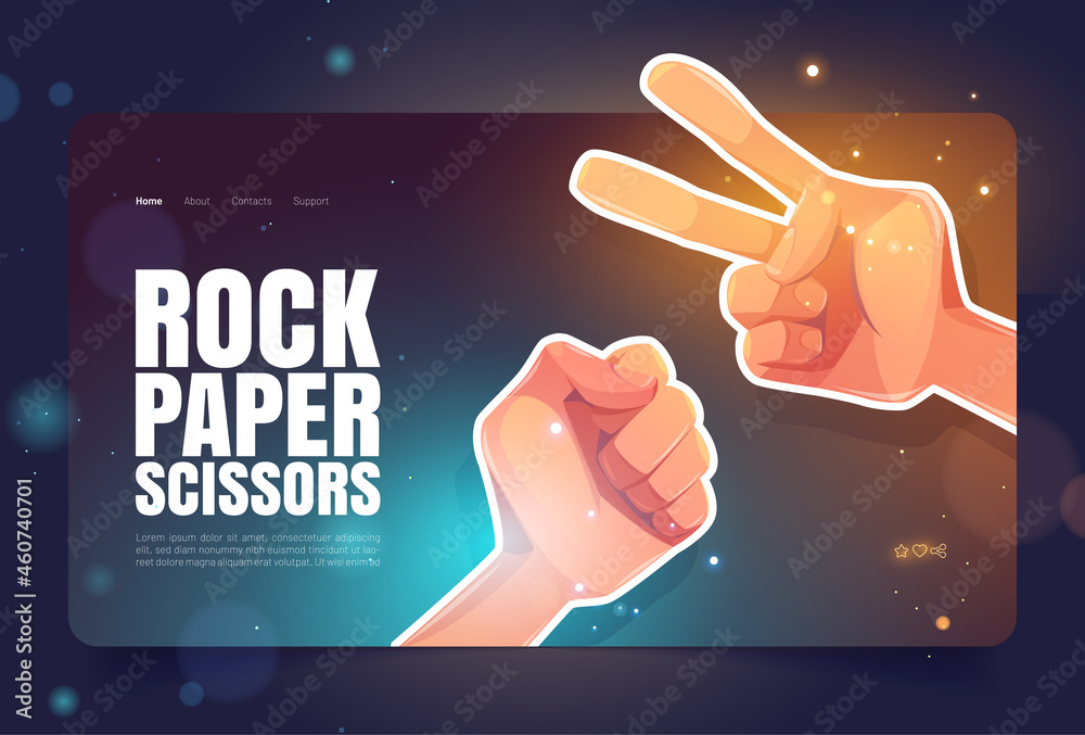 Rock, paper, scissors banner with hands in fist and victory symbol ...