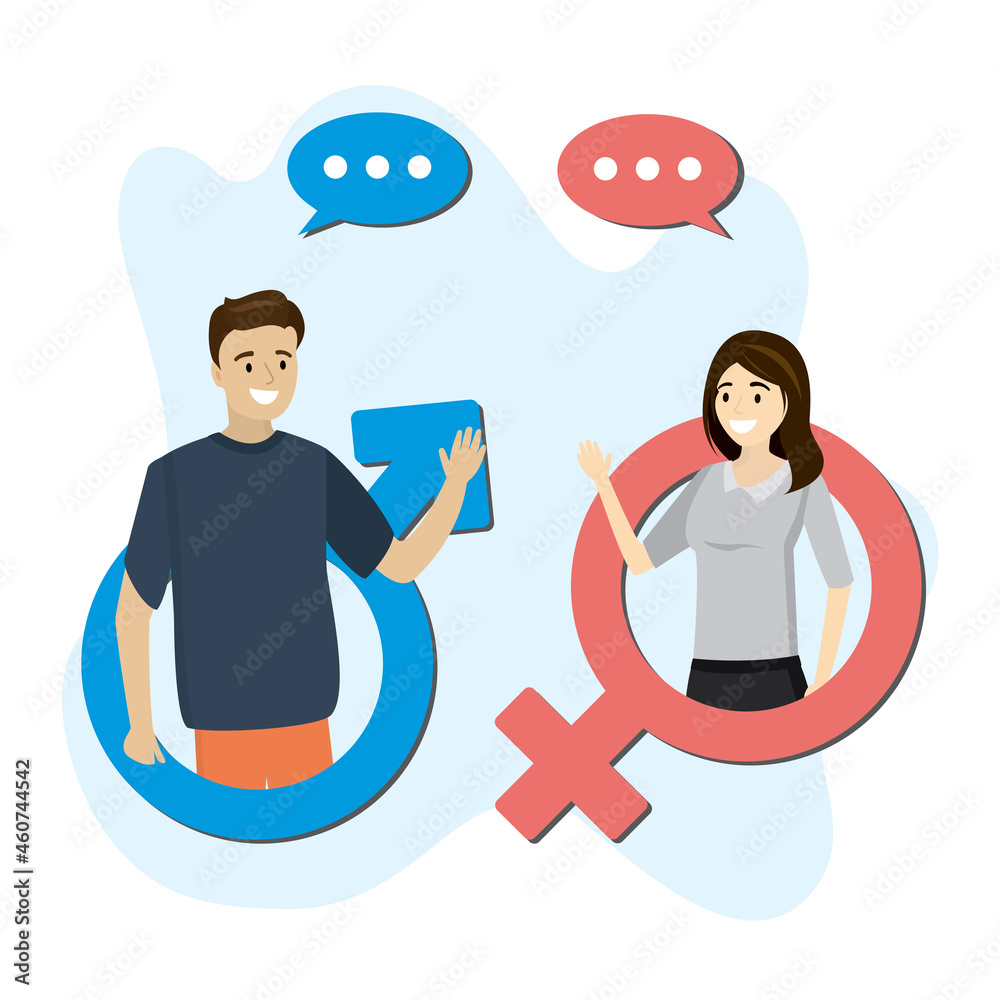 Caucasian male and female characters in gender symbols. People talking ...
