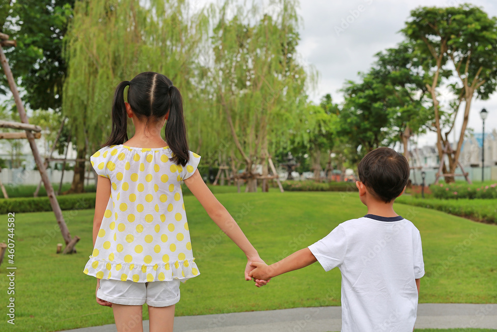 Back view of little boy and girl child with hand in hands standing in ...