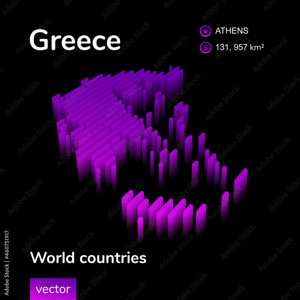 Stylized neon digital isometric striped vector Greece map with 3d ...