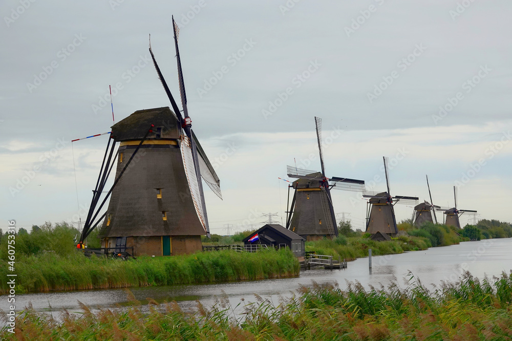 Famous Dutch windmills. UNESCO world heritage site. On the photo are 5 ...