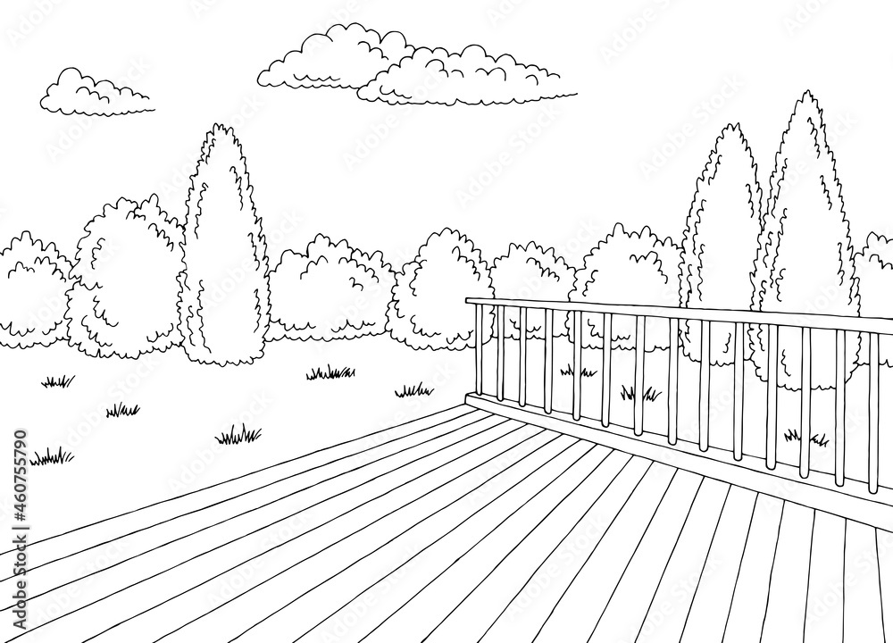Backyard deck garden graphic black white sketch illustration vector ...