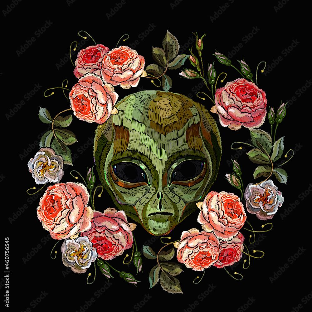 Alien head and roses flowers. Embroidery. Pop culture art, science ...