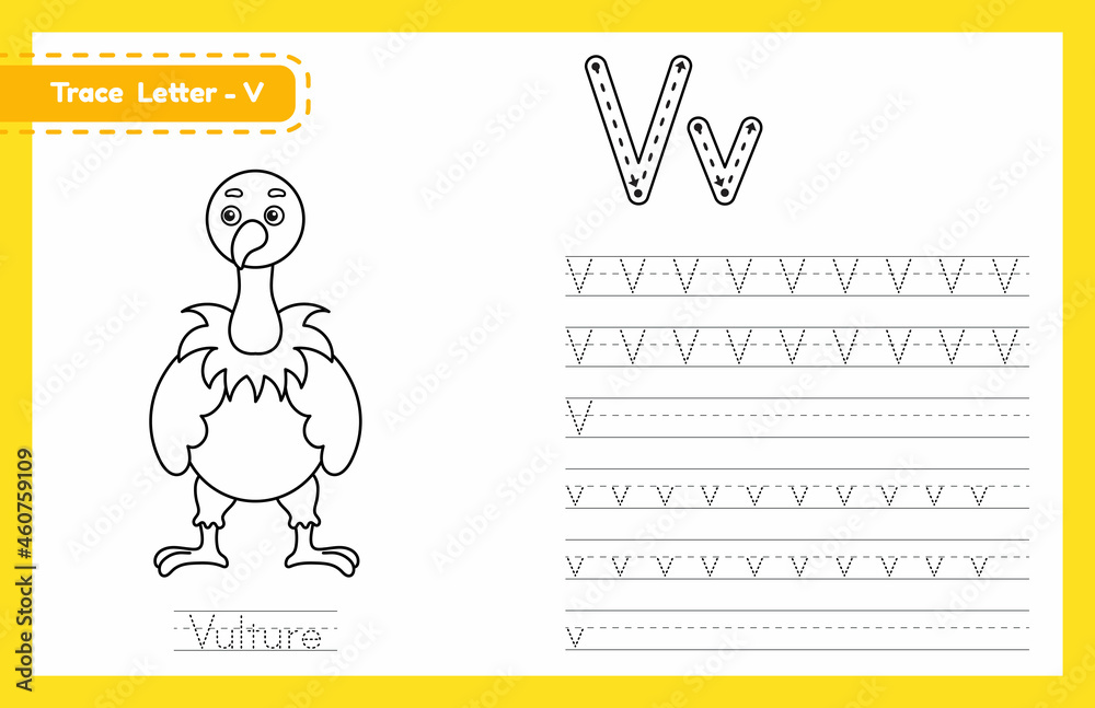 Trace letter V uppercase and lowercase. Alphabet tracing practice ...