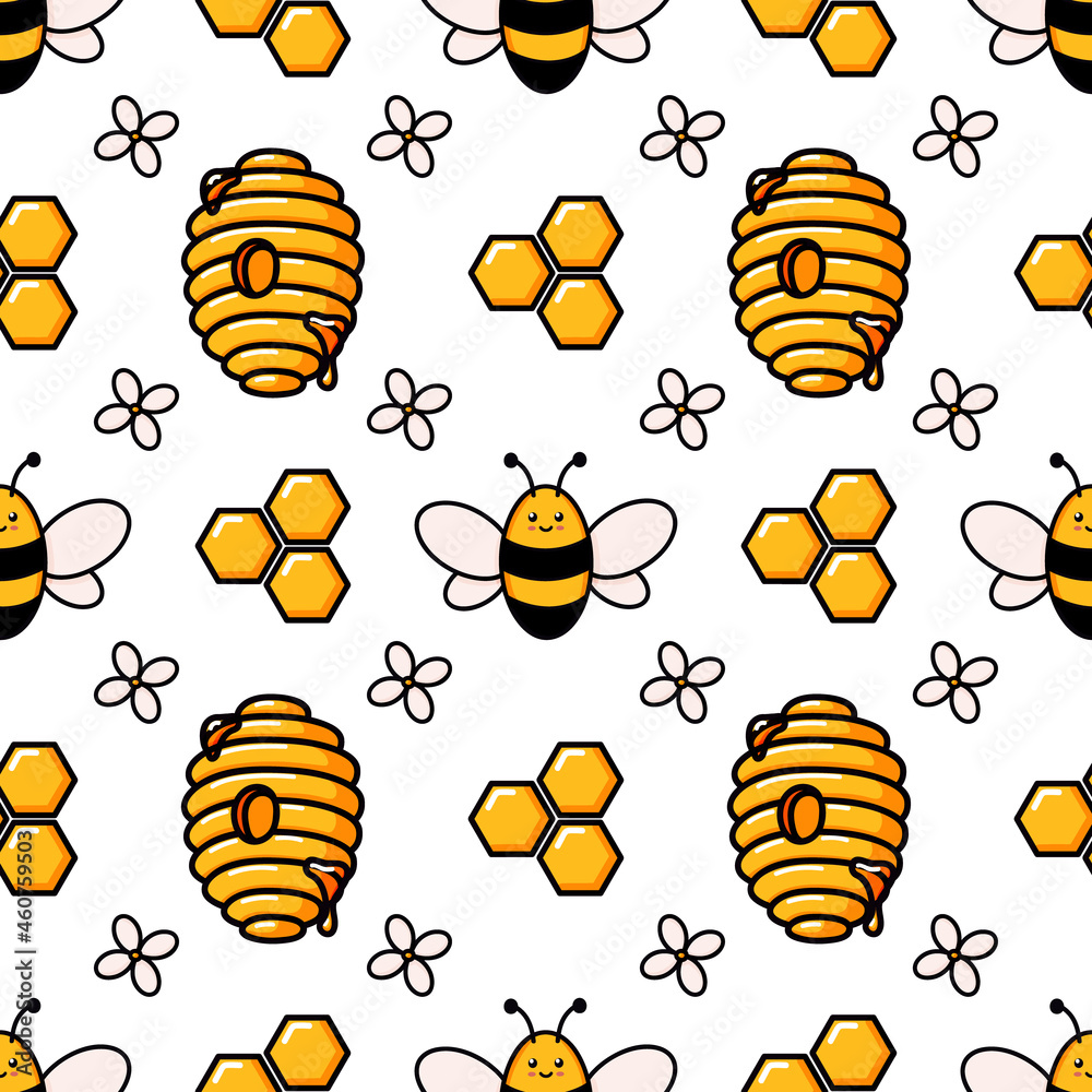 Cute honey bee seamless pattern. Vector doodle cartoon beehive, flowers ...