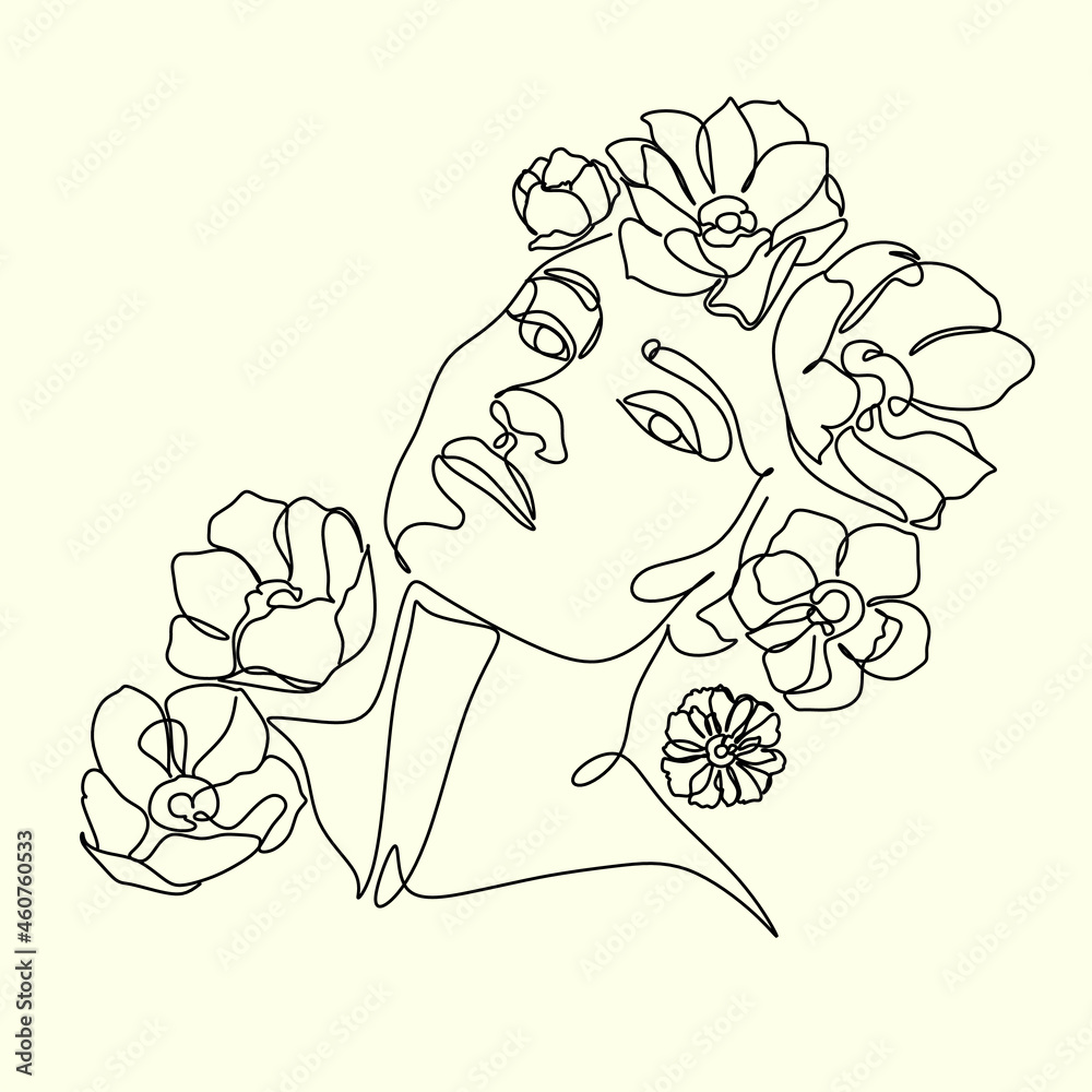 Abstract woman head with flowers line vector drawing. Flower Head One ...