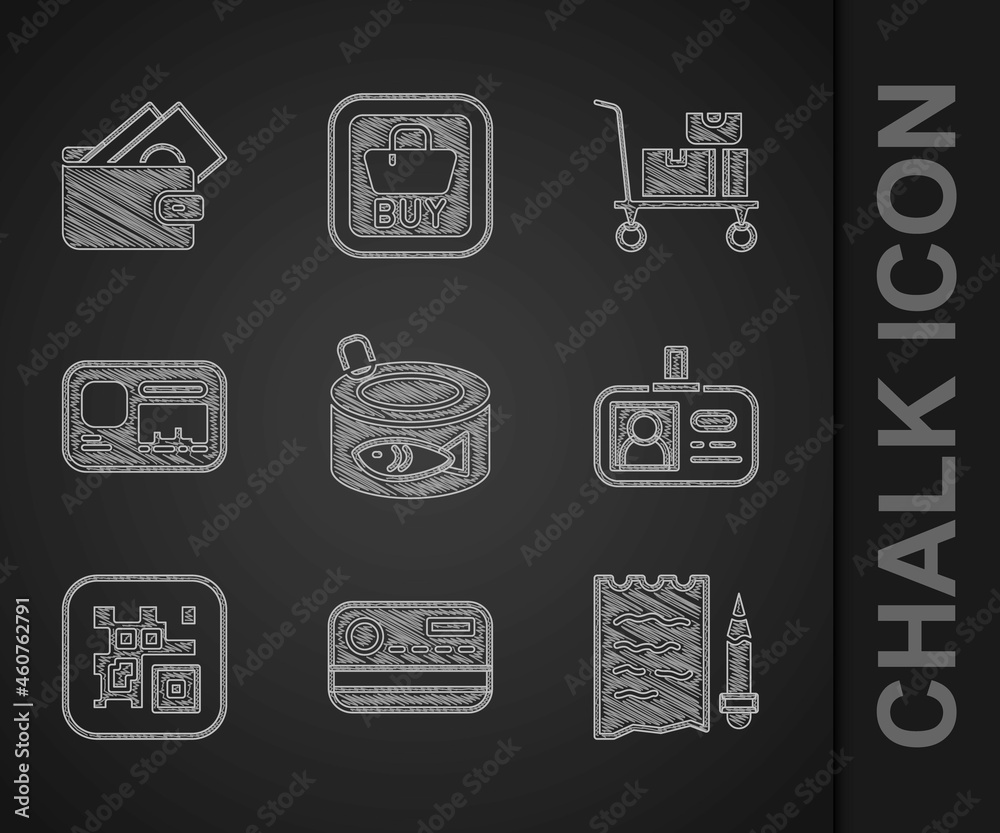 Vetor de Set Canned fish, Credit card, Shopping list and pencil ...