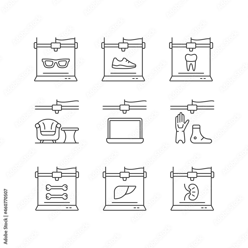Additive manufacturing linear icons set. Producing 3d models. Printed ...