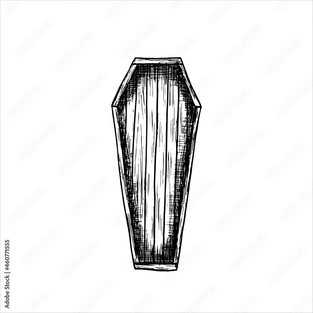 wooden vintage closed coffin in engraving style. hand drawn vector ...