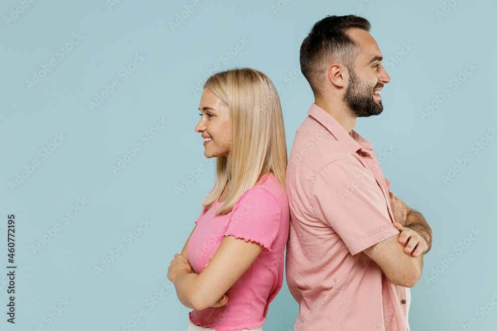 Side view profile young smiling fun couple two friends family man woman ...