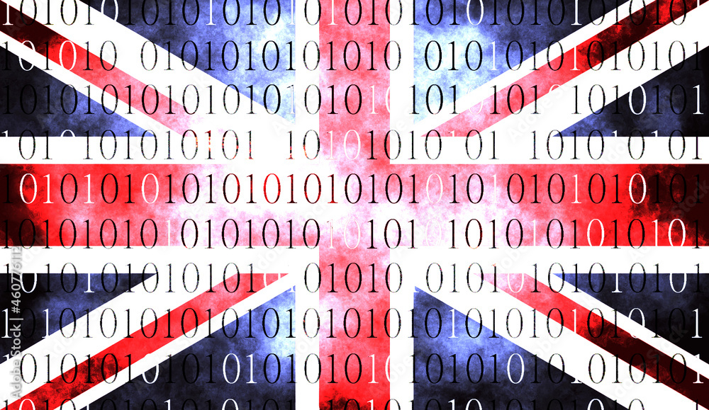 01010 Black and white digital background with British flag. Information ...