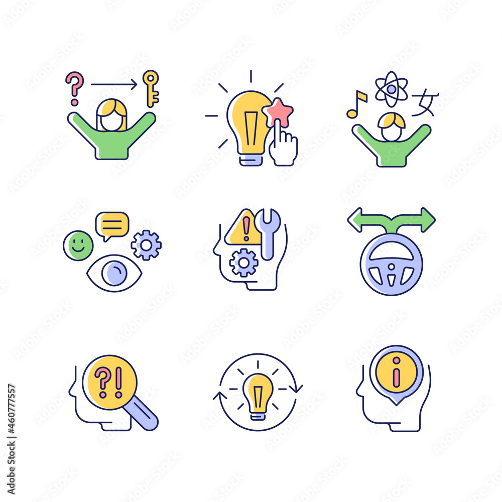 Self development skills RGB color icons set. Self monitoring and ...