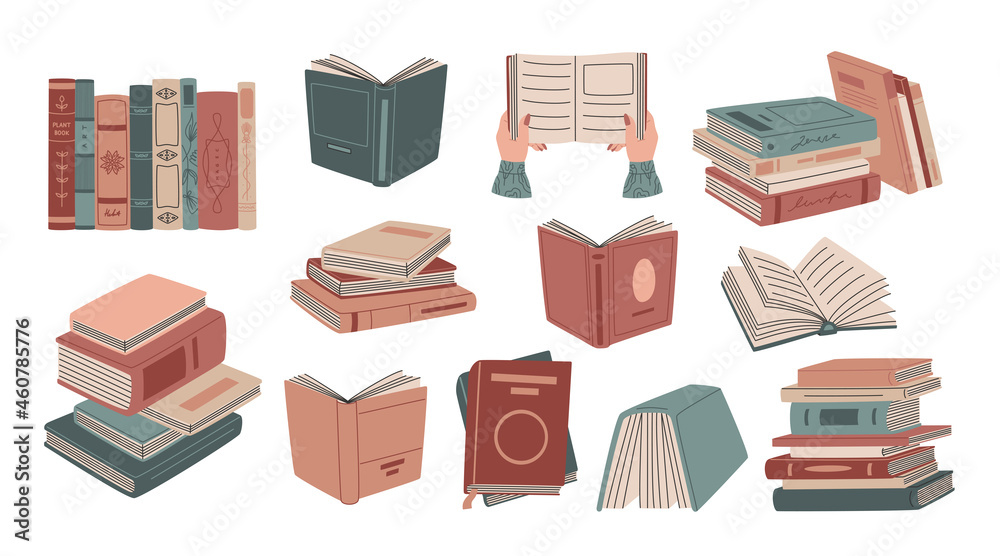 Set of retro books in colorful covers in cartoon style. Stacks of ...