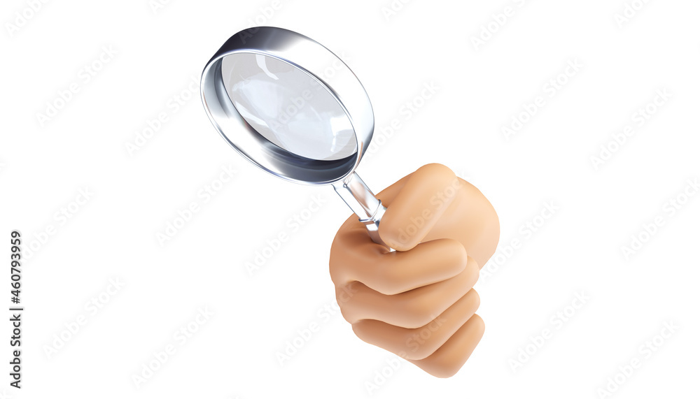 Cartoon hand holding a magnifying glass on an isolated background. 3d ...