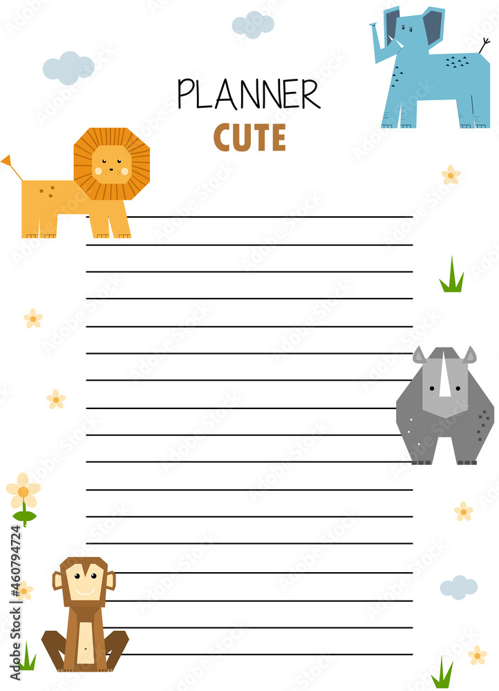 Vector page for notes child with cute animal including elephant, lion ...
