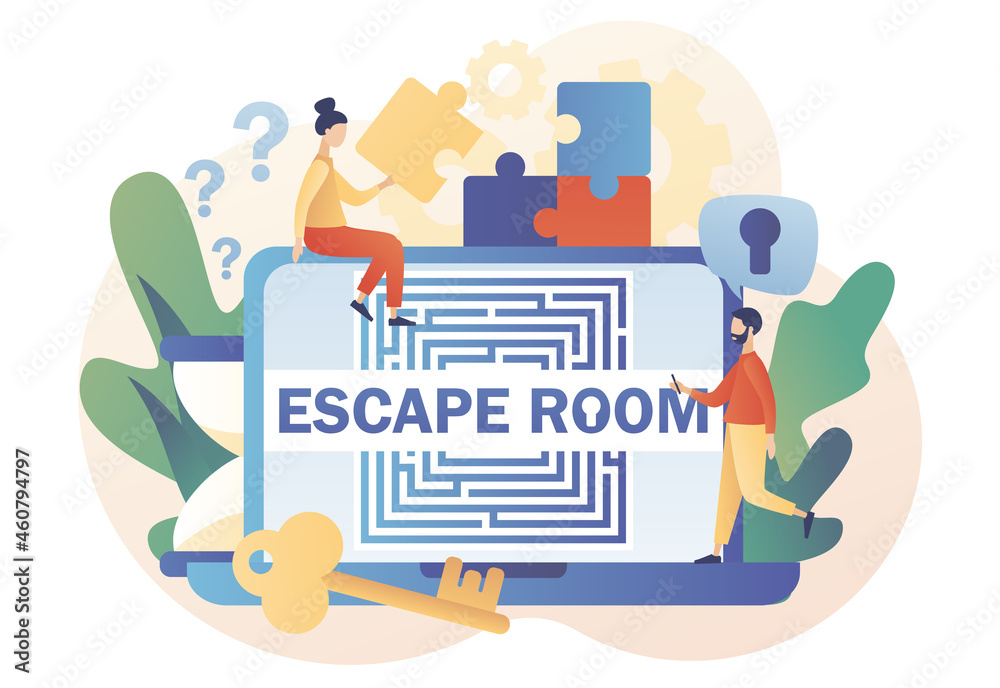 Quest room web site. Escape room. Exit maze. Tiny people trying to ...