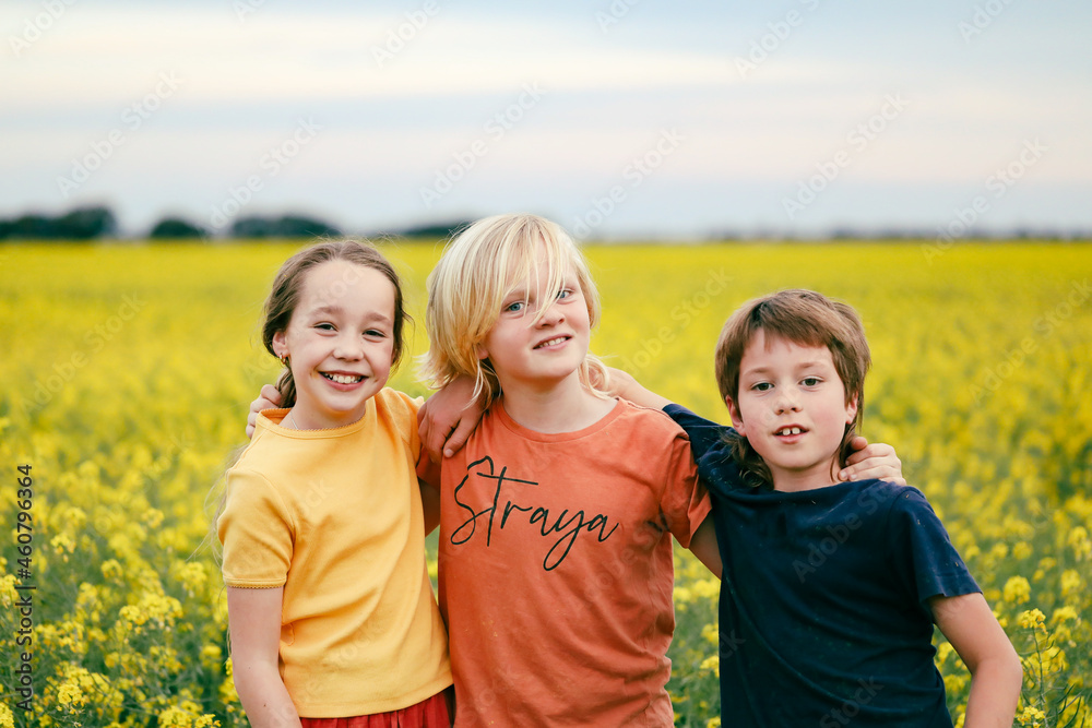 Aussie farm kids playing together in vibrant blooming canola field ...