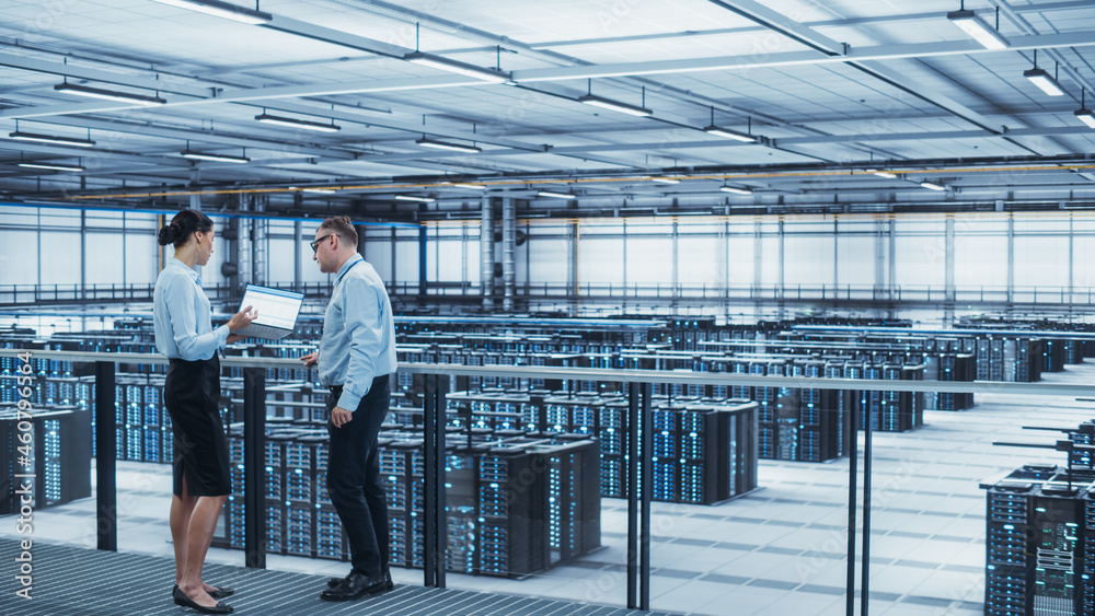 Data Center Female System Administrator and Male IT Specialist Talk ...