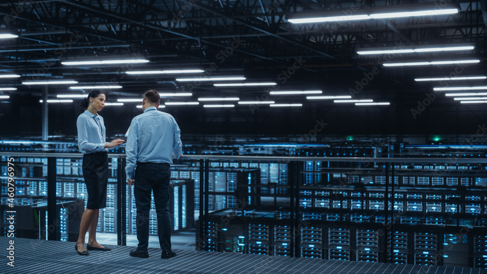 Data Center Female System Administrator and Male IT Specialist Talk ...