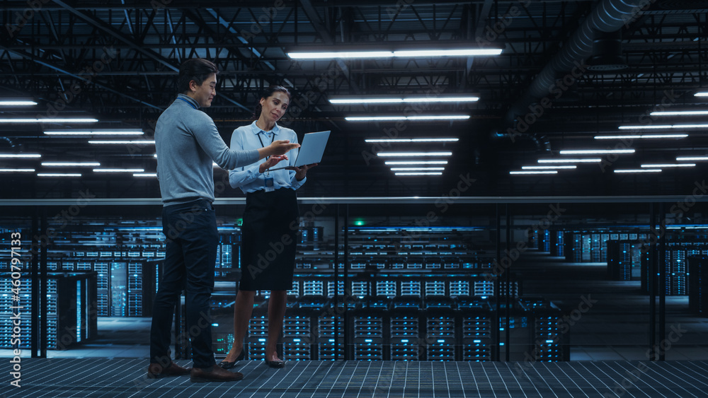 Data Center Female System Administrator and Male IT Specialist Talk ...