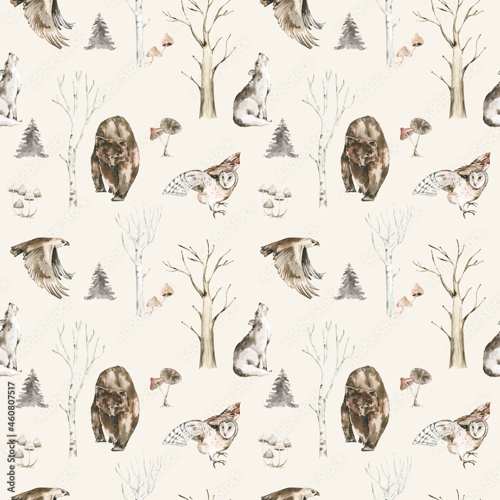 Woodland seamless pattern for fabric, Watercolor forest animals ...