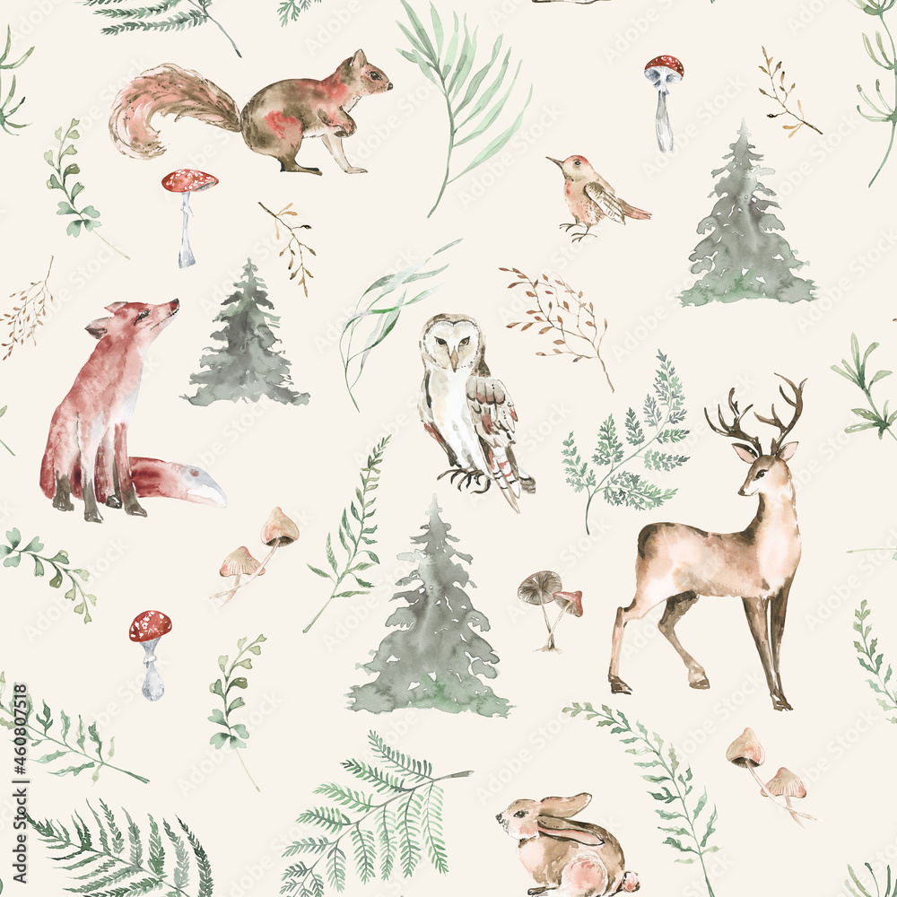 Woodland seamless pattern for fabric, Watercolor forest animals ...