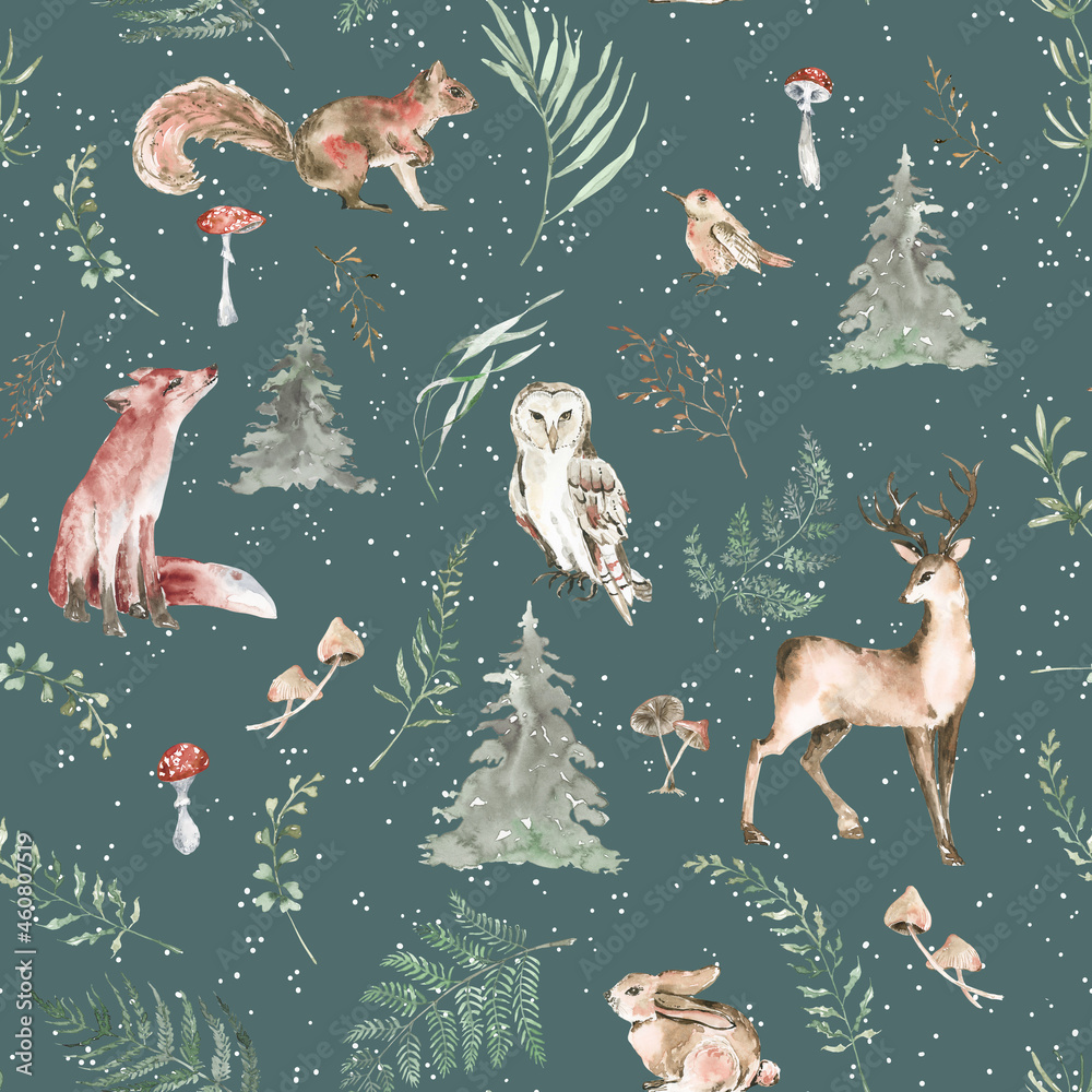 Woodland seamless pattern for fabric, Watercolor forest animals ...