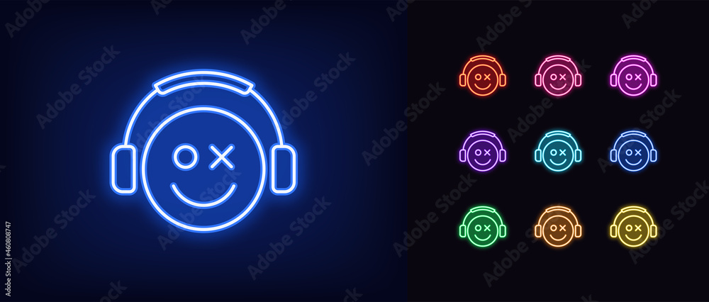 Outline neon gamer icon. Glowing neon emoticon gamer with headphones ...