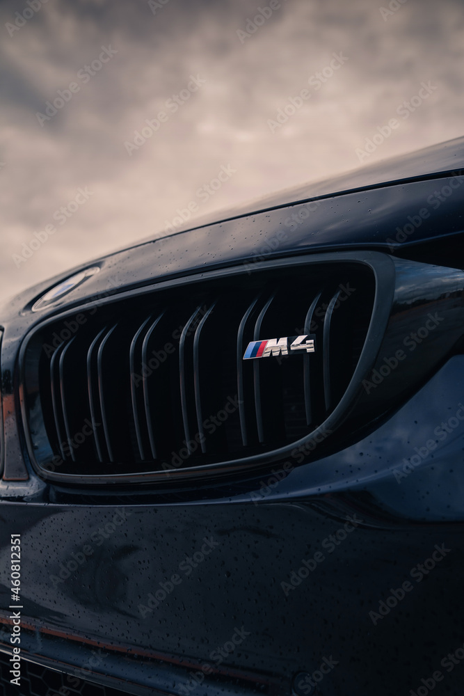 M4 nameplate on the BMW M4 F82. Kyiv, Ukraine - September 2021. Stock ...