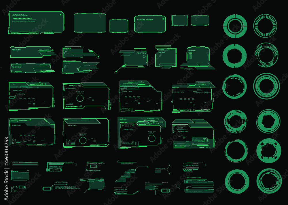 Set of futuristic green frames, dialog boxes, circles and targets ...