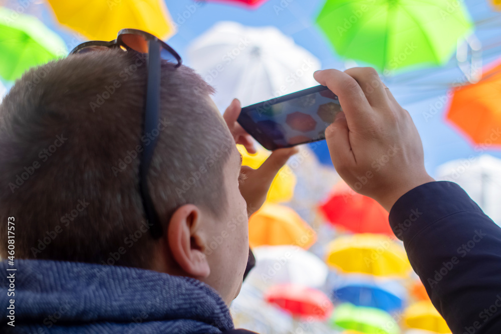 Colorful umbrellas. Bottom view. Conceptual art object. No labels or ...