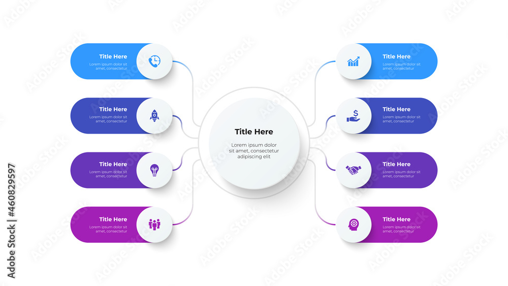 Flow chart diagram with 8 circle elements. Concept of business project ...