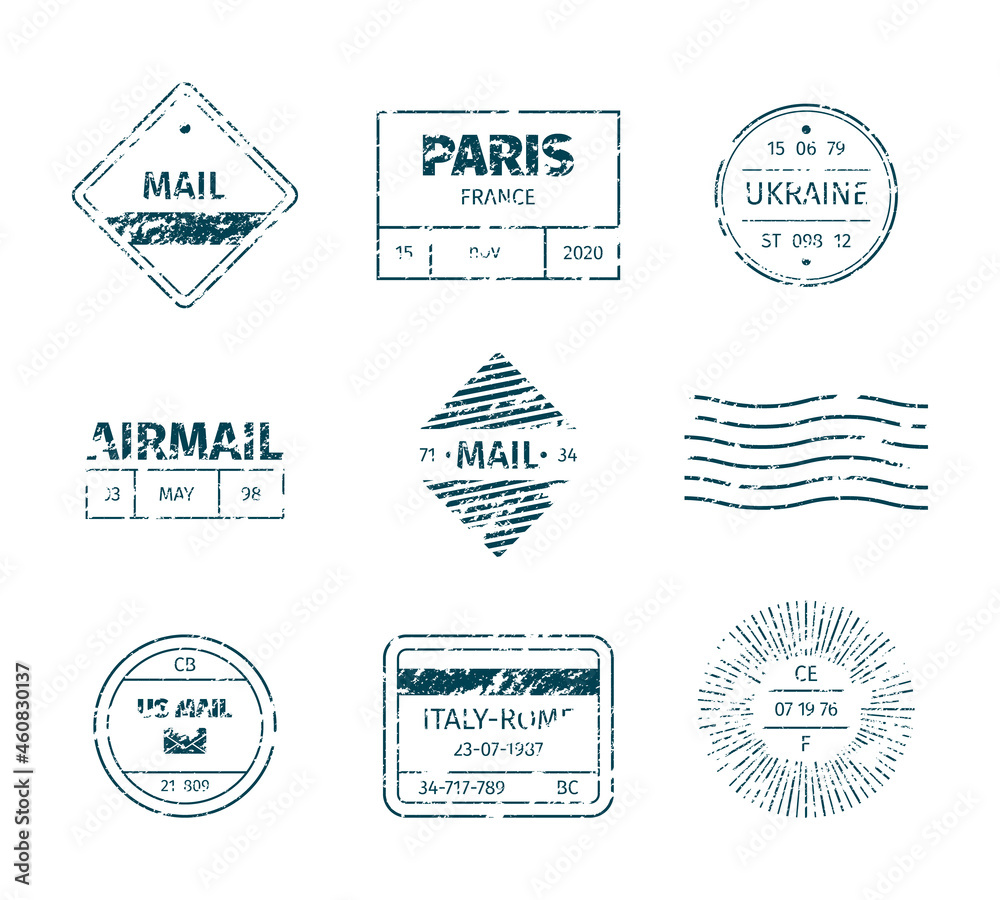 Postal stamp. Grunge post templates vintage blank tags stripped lines ...