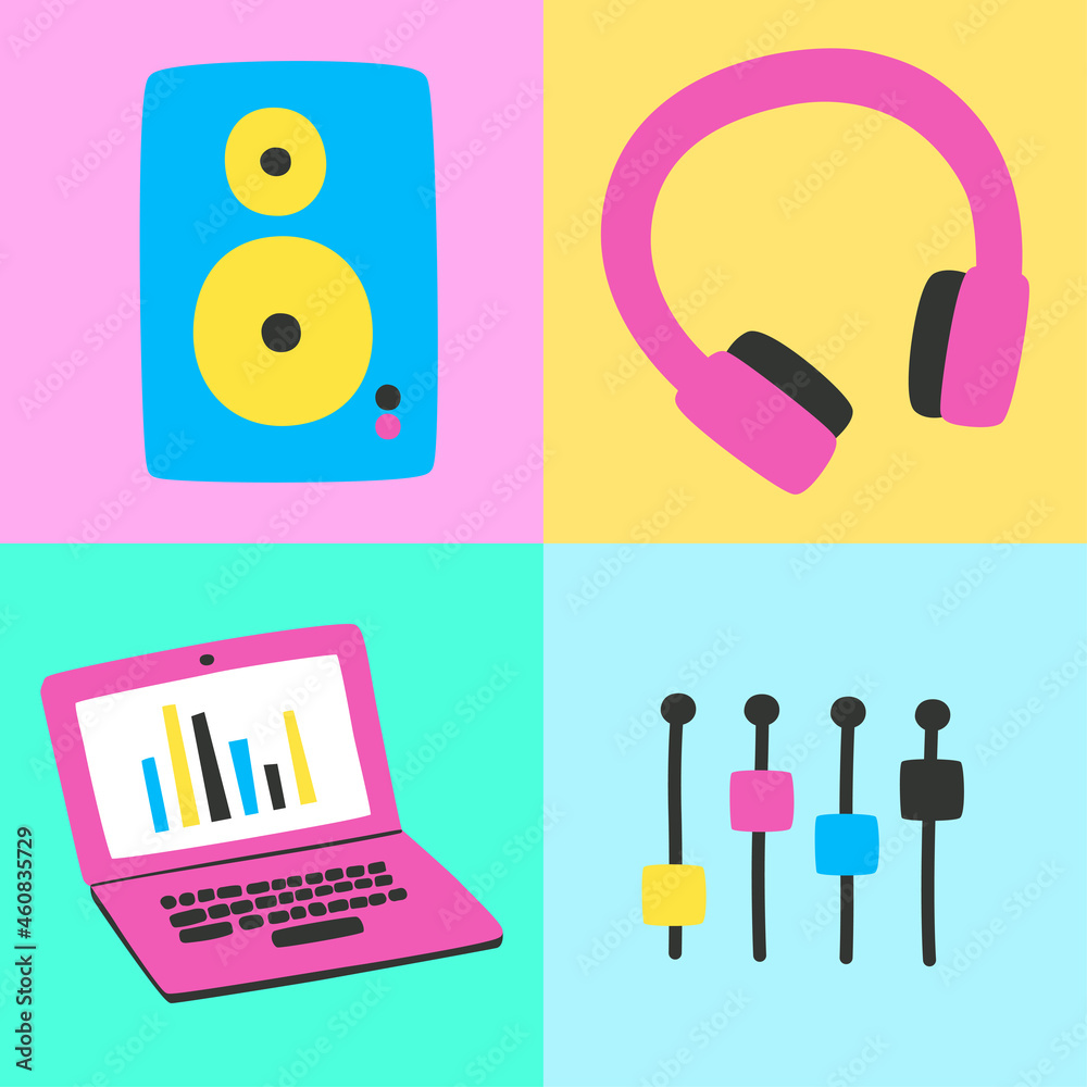 Equipment for sound recording and radio, bright icons in flat style ...
