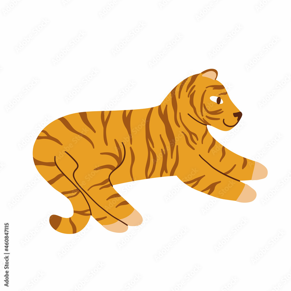 flat tiger drawn by hands in a supine position. cute colorful chinese ...