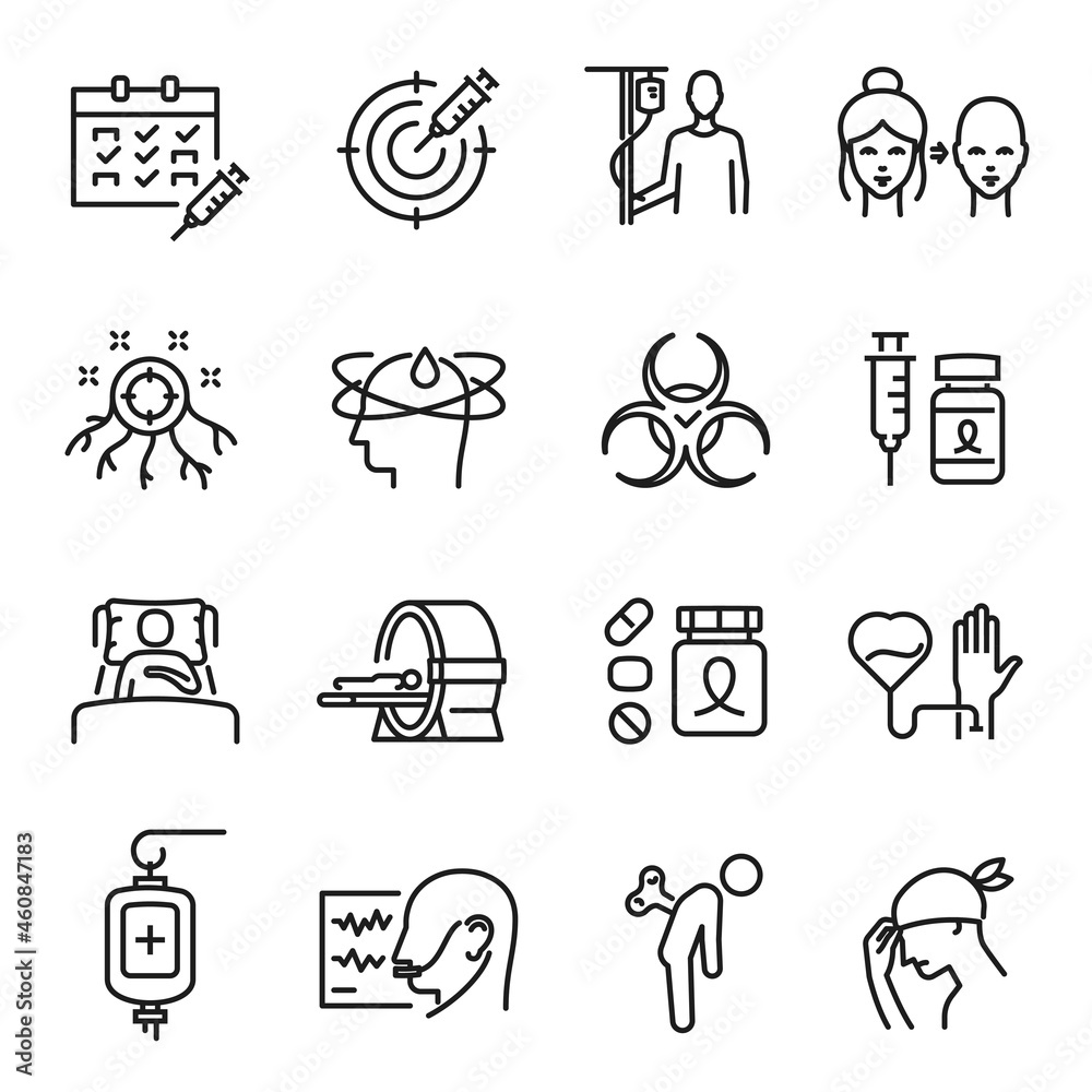 Chemotherapy linear icon set vector illustration. Collection medicines ...