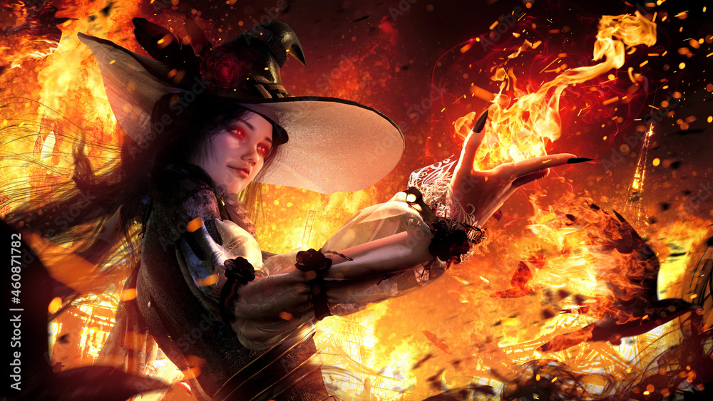 Poster A young witch girl in a pointed hat summons a terrible fire with her magic, she – Wall ...