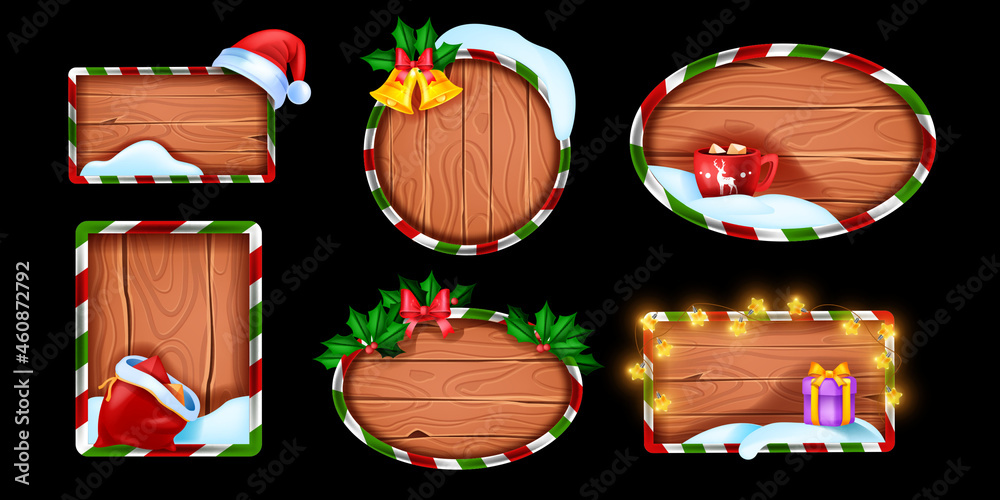 Christmas winter wooden sign board set, vector rustic holiday frame kit ...
