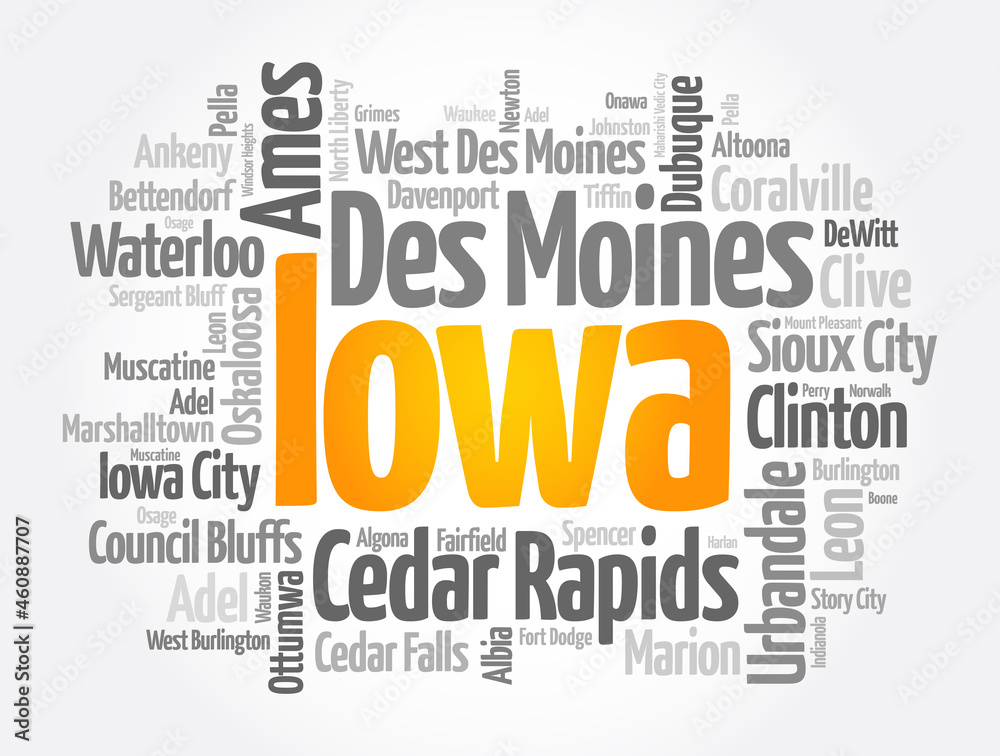 List of cities in Iowa USA state, word cloud concept background Stock ...