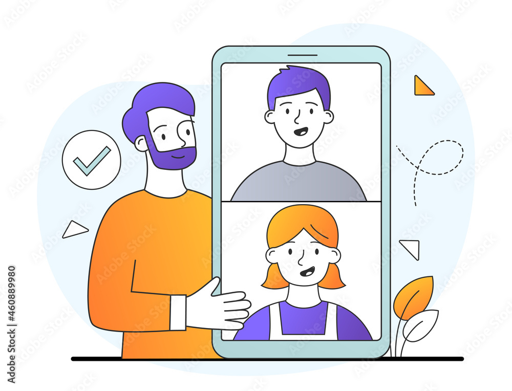 Bearded smiling guy. Man communicates with his family via smartphone ...