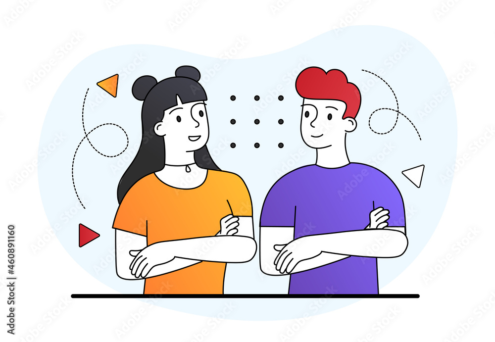 Couple with folded arms. Two insecure people, shyness. Strangers ...