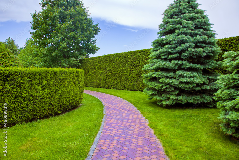 pedestrian path made of red stone tiles is curved in an arc in the park ...