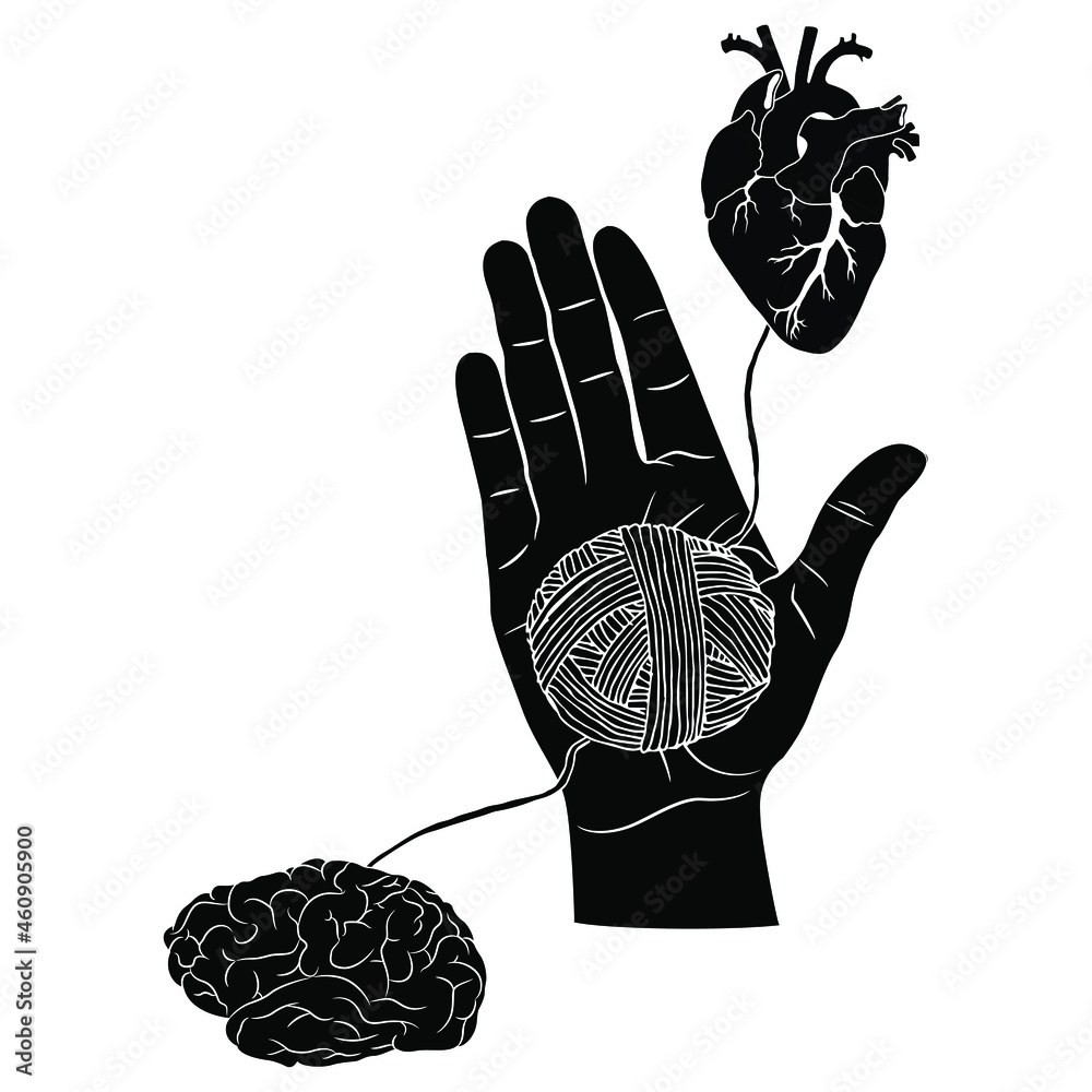 Human hand holding yarn ball with its threads connecting heart and ...