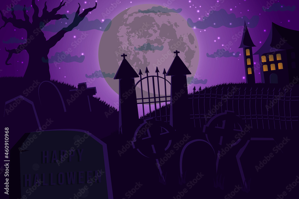 Halloween background with old cemetery gravestones , custle, and spooky ...