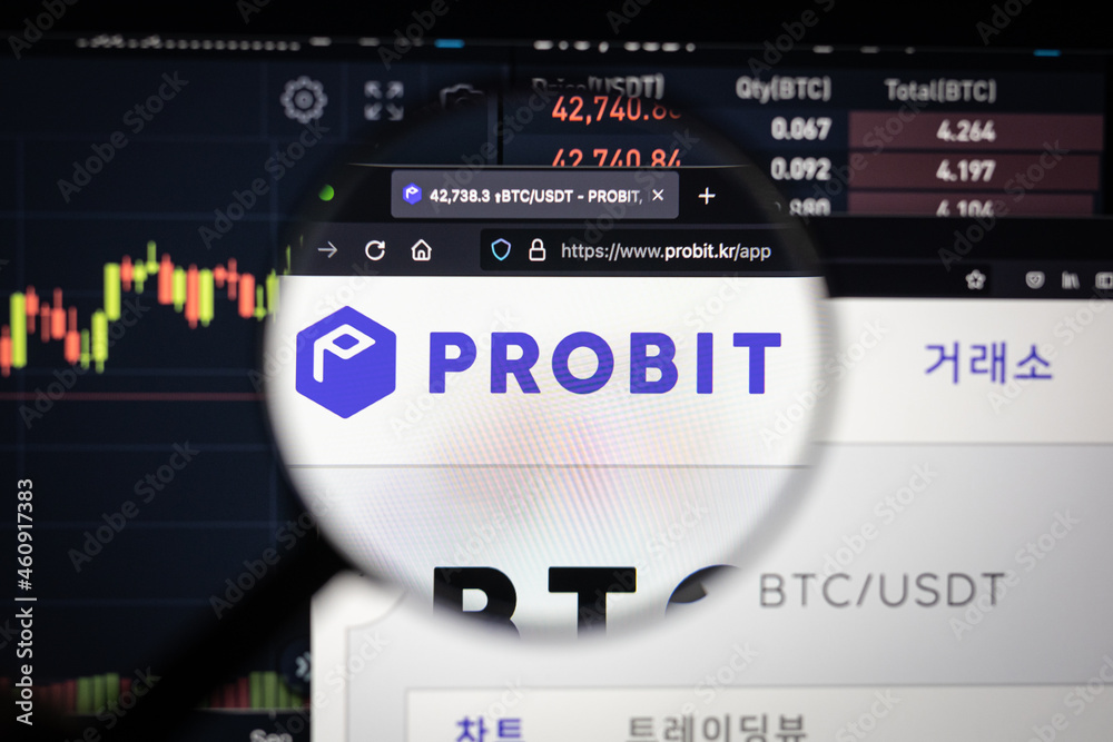 Probit cryptocurrency exchange logo on a website with blurry stock ...