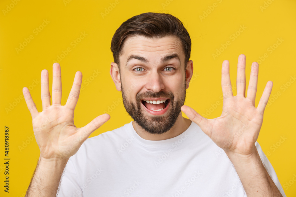 Hi, Hello. Portrait of happy friendly brown-haired man with small beard ...