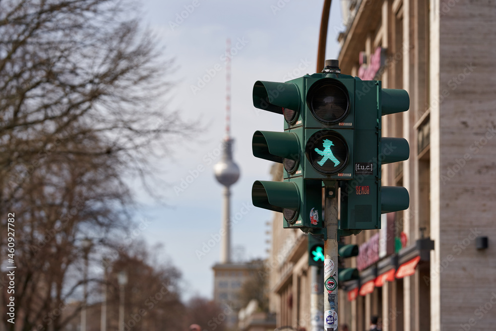 Berlin Germany 02.11.2021: cityscape, close-up of a green pedestrian ...
