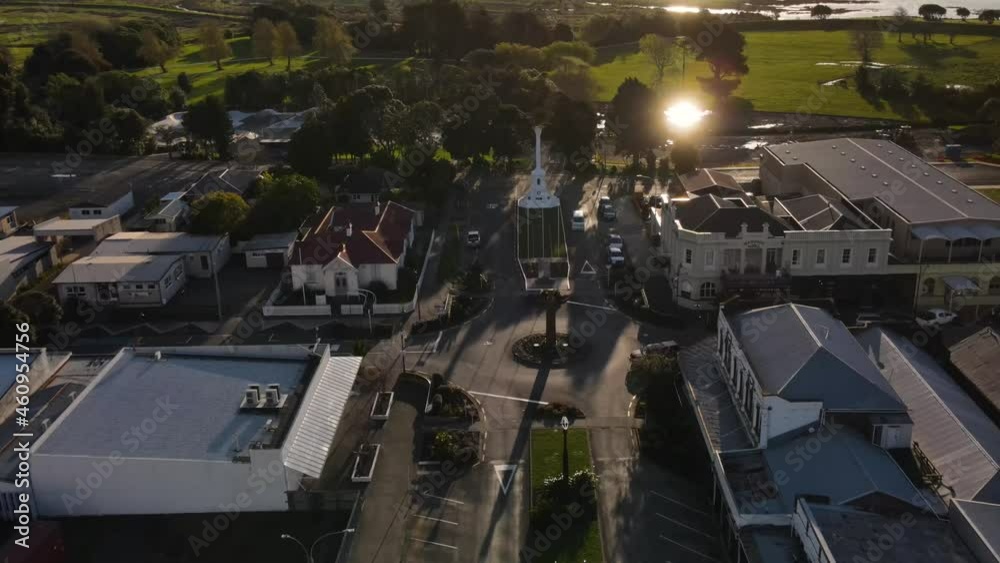 Opotiki town centre with carved totem, roundabout, hotel, tilt up to ...