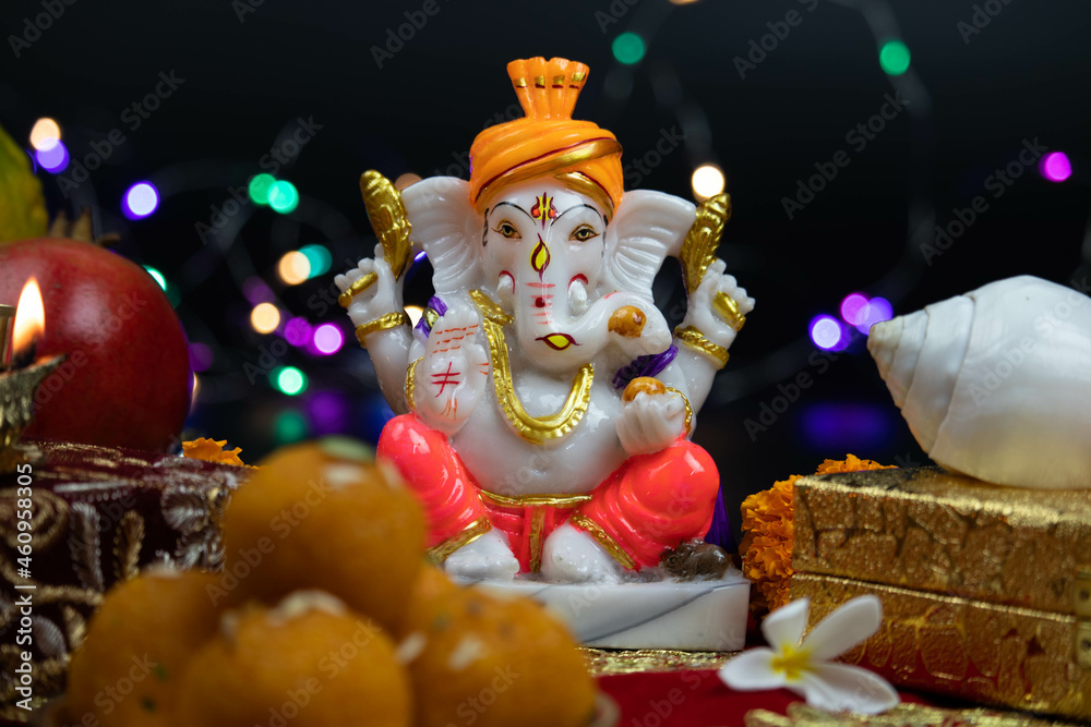 Hindu God Lord Ganesha Ganpati Bappa Morya In Orange Pagdi For Worship ...