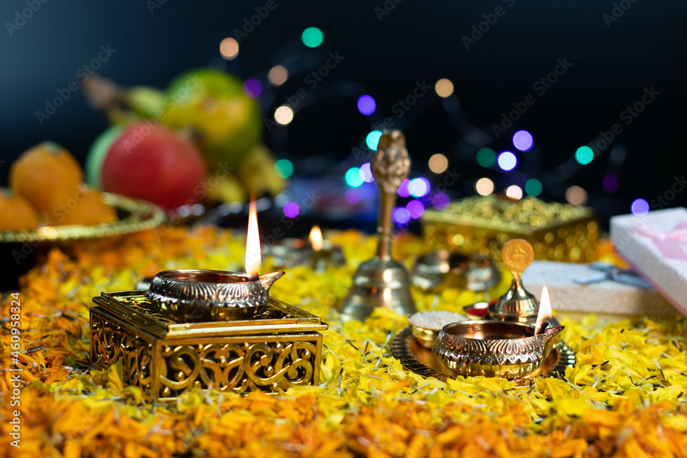 Golden Brass Diya Deep Burning On Flower Bed Decoration And Bokeh ...